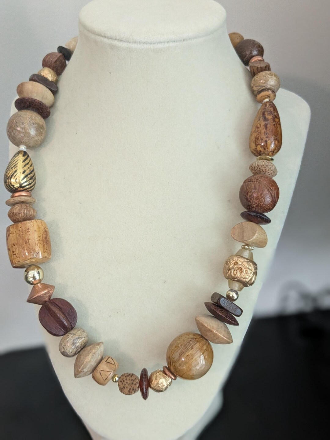 Mixed Shape Chunky Warm Tone Natural Stone & Gold Tone Beaded Necklace ...