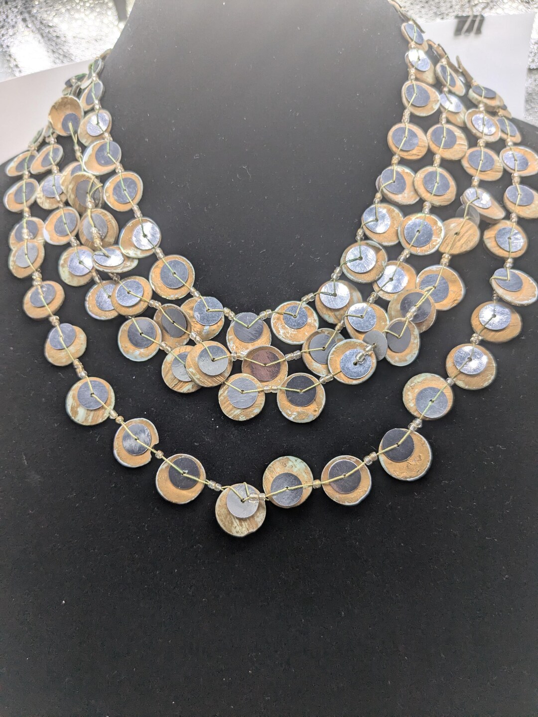 Layered Disc Necklace – Boho Multi-strand Shell and Wood Statement ...