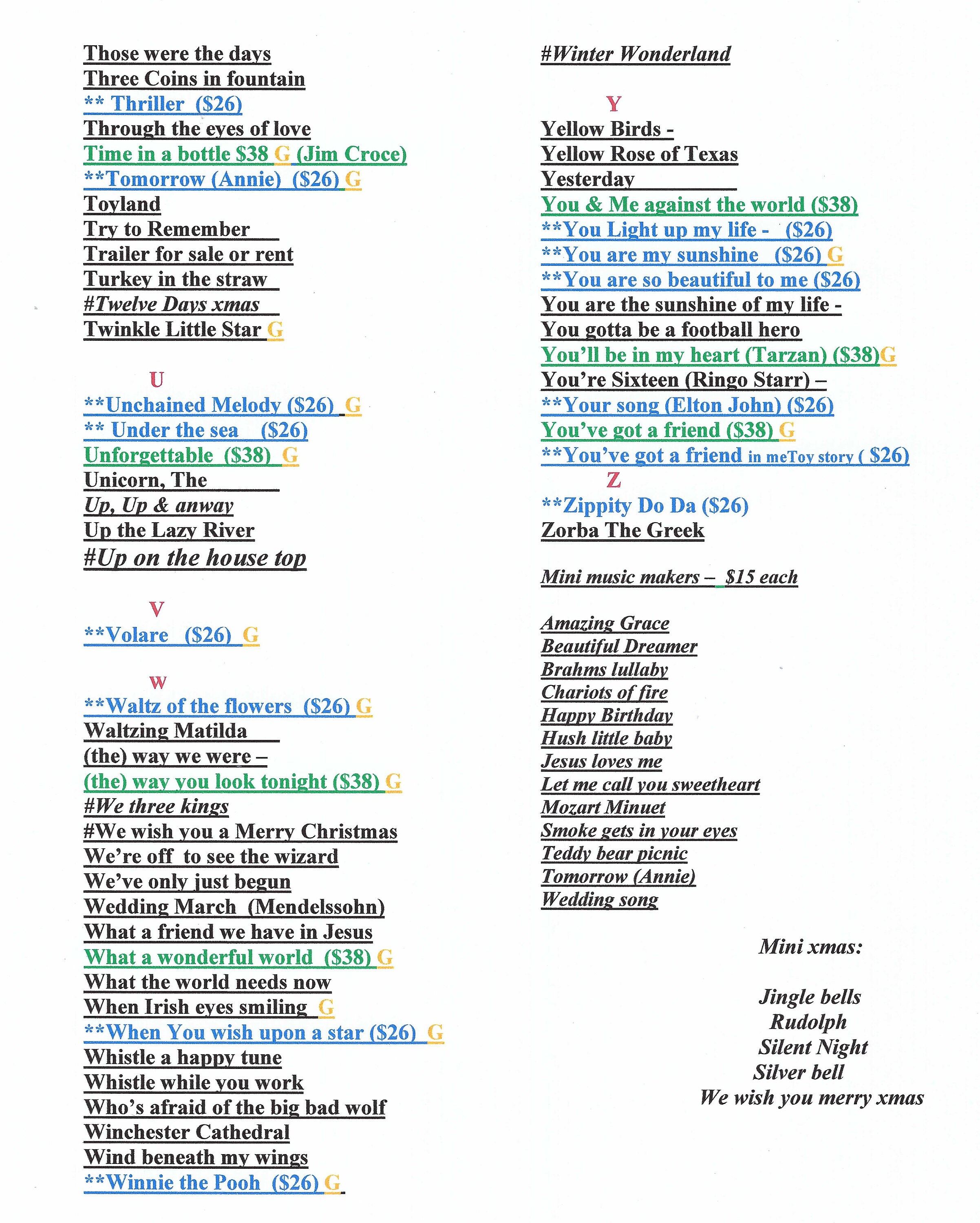 SONG LIST 263 titles and INSTRUCTIONS for custom orders | Etsy