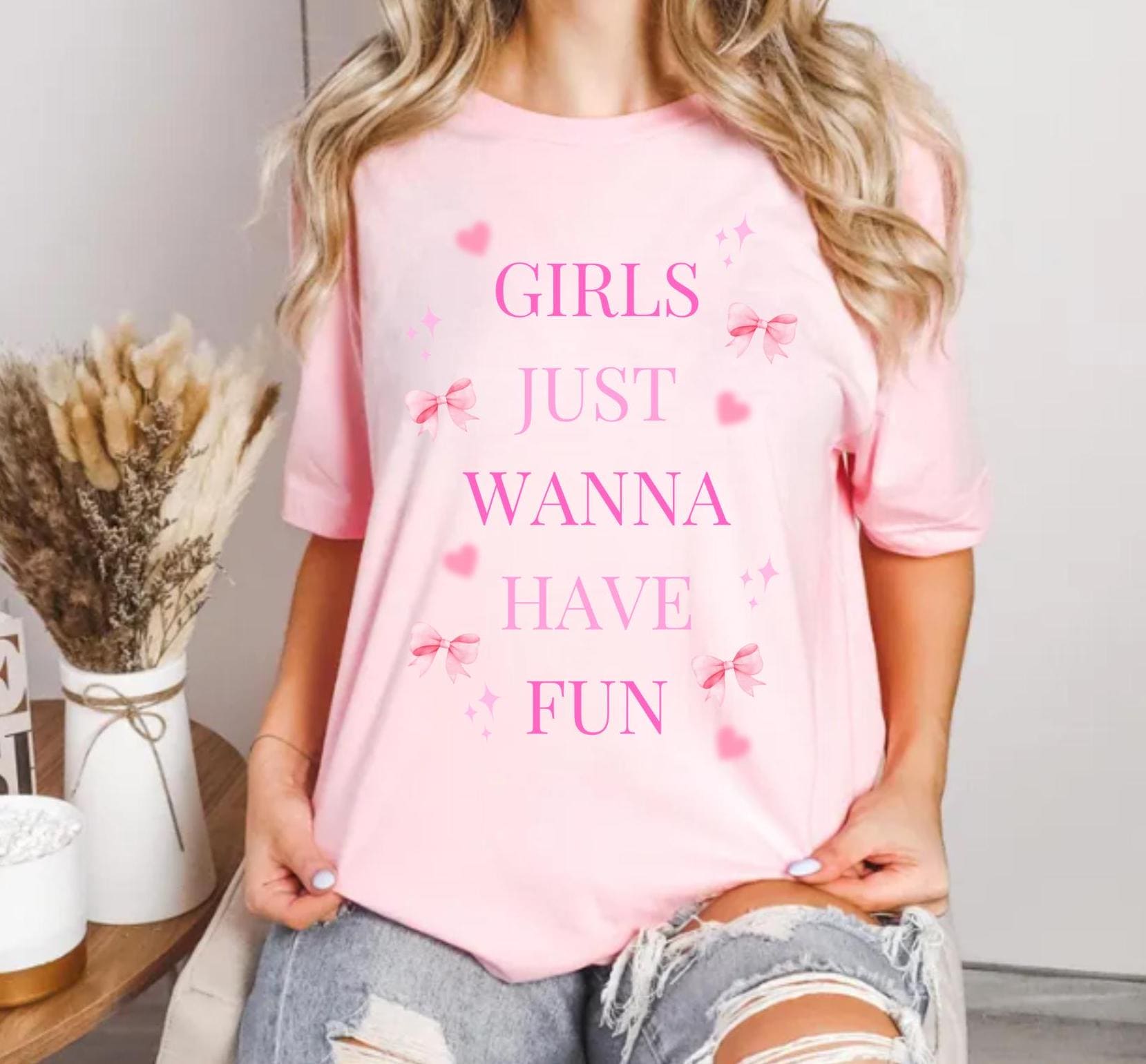 Cute Pink girls Just Wanna Have Fun Tshirt, Girly Tshirt, Bows and ...