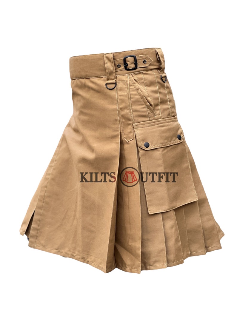 Men's Scottish Khaki Utility Kilt Adjustable Straps Side Cross Pockets ...