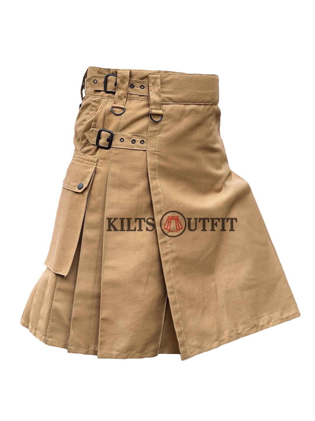 Men's Scottish Khaki Utility Kilt Adjustable Straps Side Cross Pockets ...