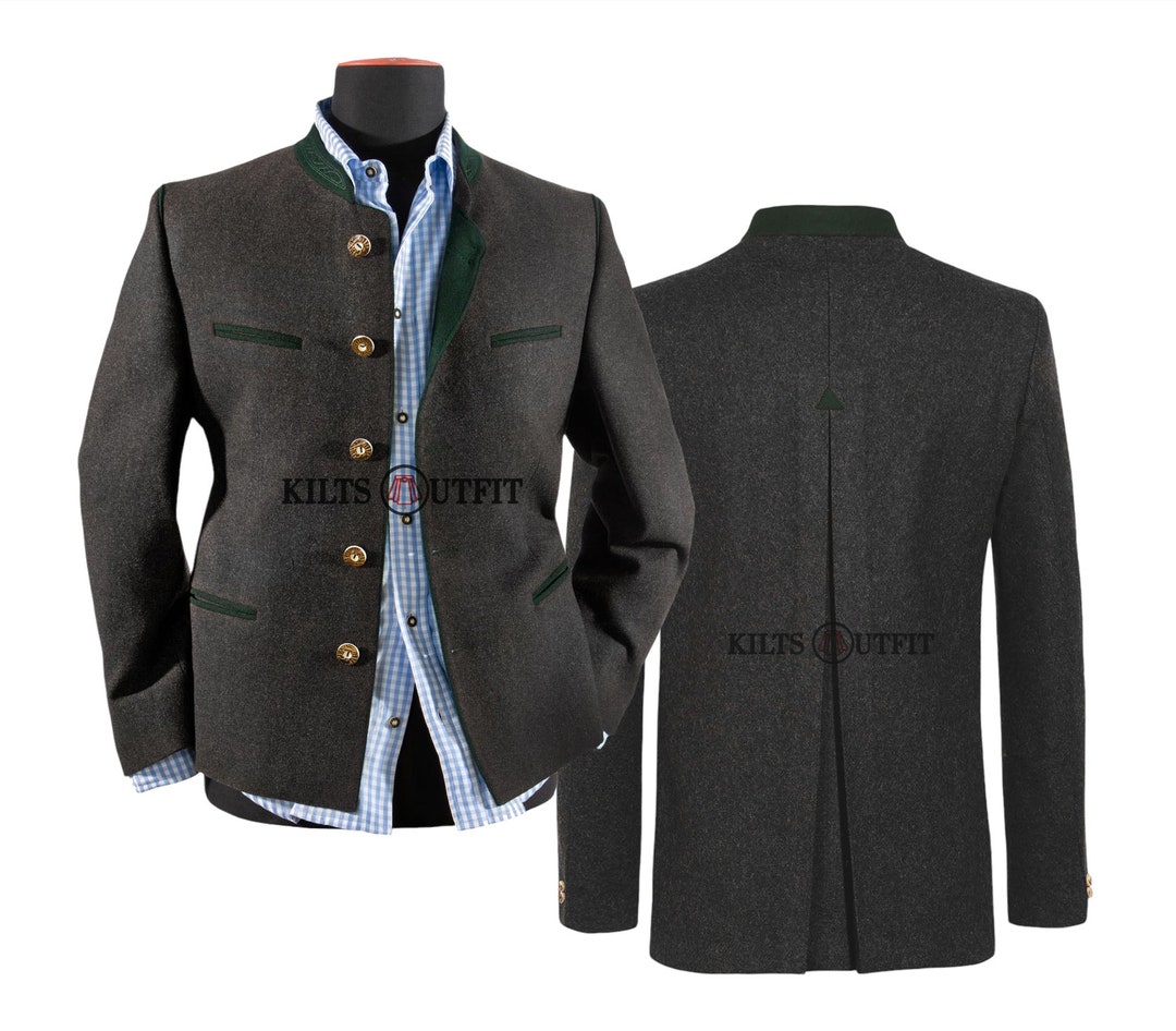 Men's Charcoal Grey Trachten Jacket German Bavarian Style Tyrol Loden ...