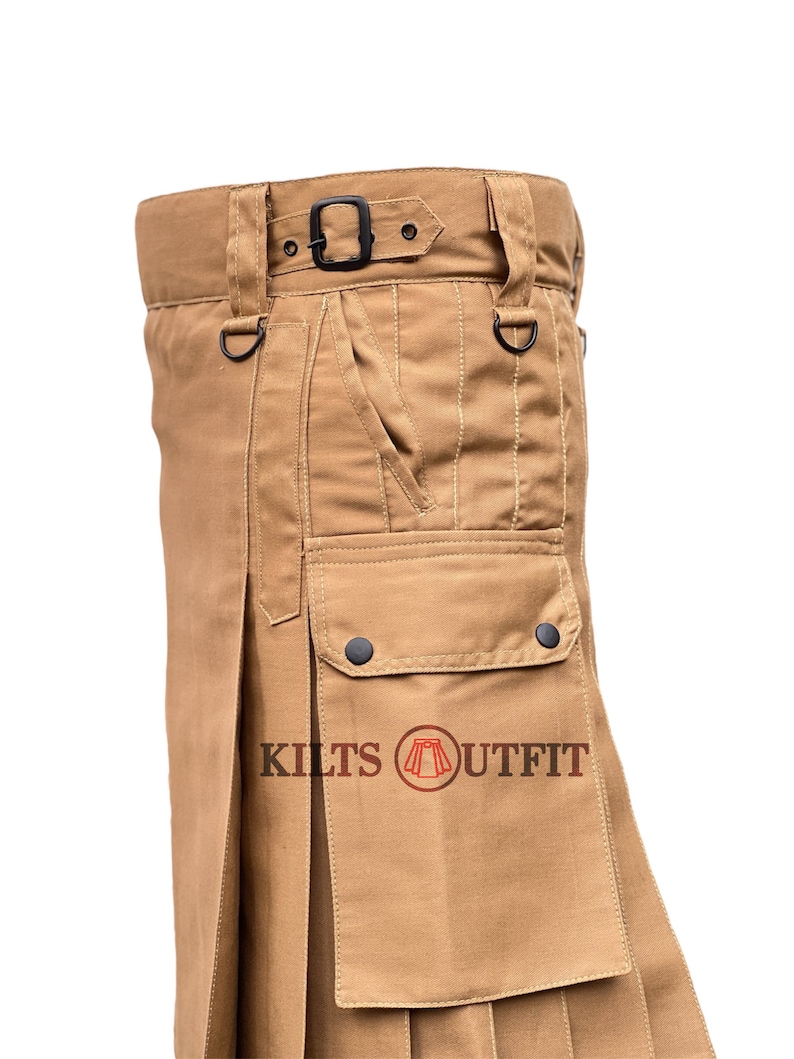 Men's Scottish Khaki Utility Kilt Adjustable Straps Side Cross Pockets ...