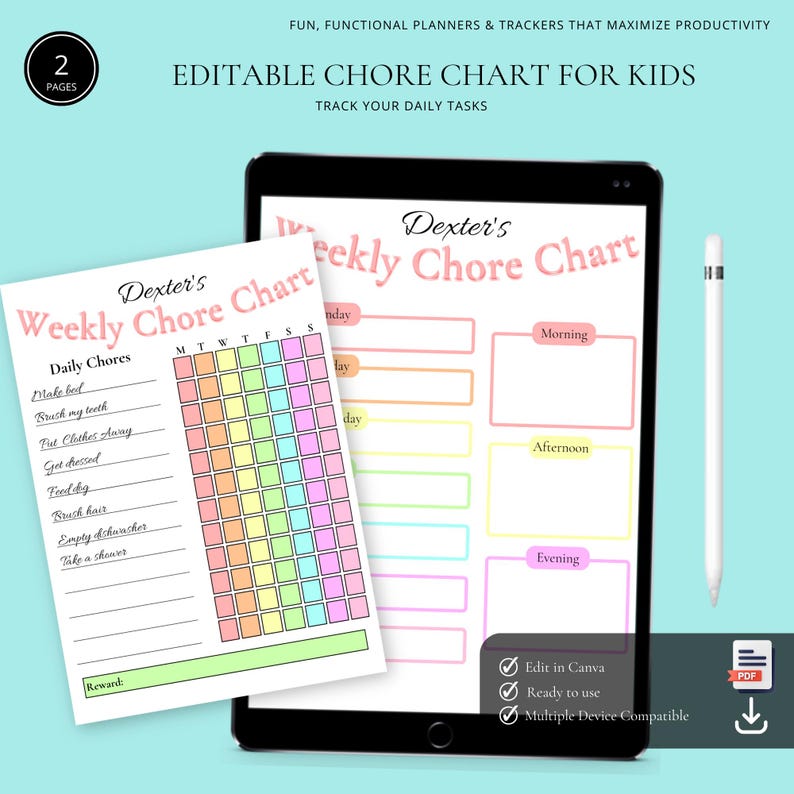 Editable Chore Chart for Kids Printable Kids Daily Weekly ...