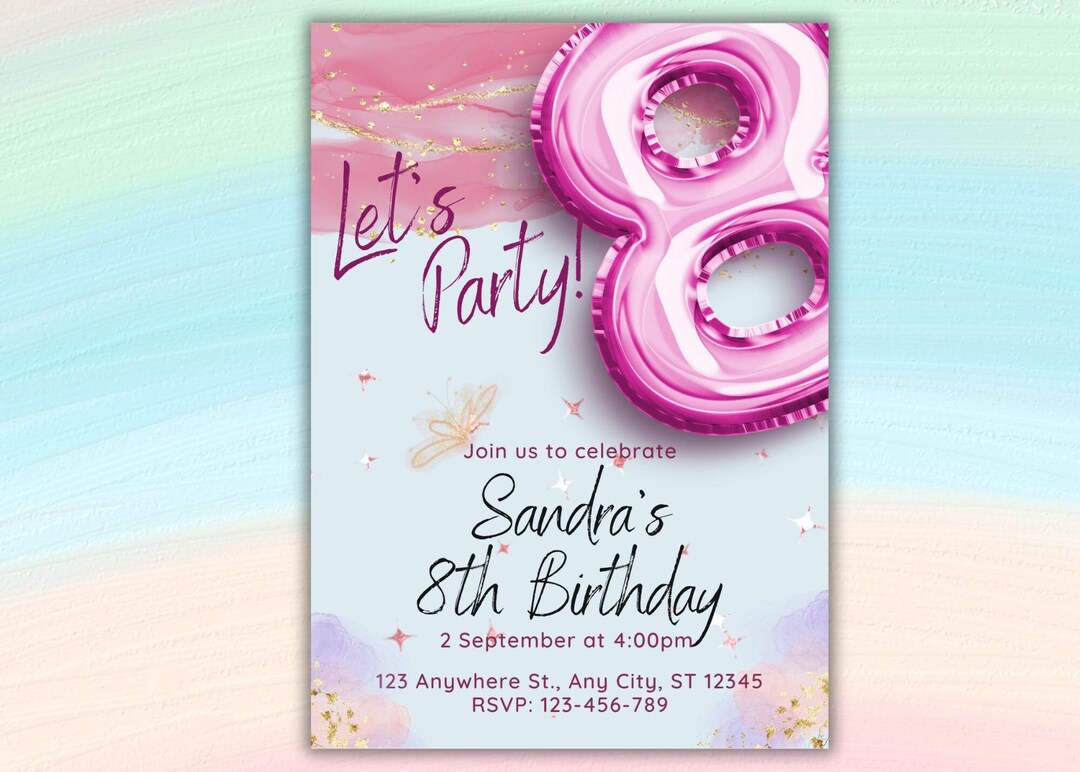 Editable 8th Birthday Invitation Glitter Eighth Invitation, Editable ...