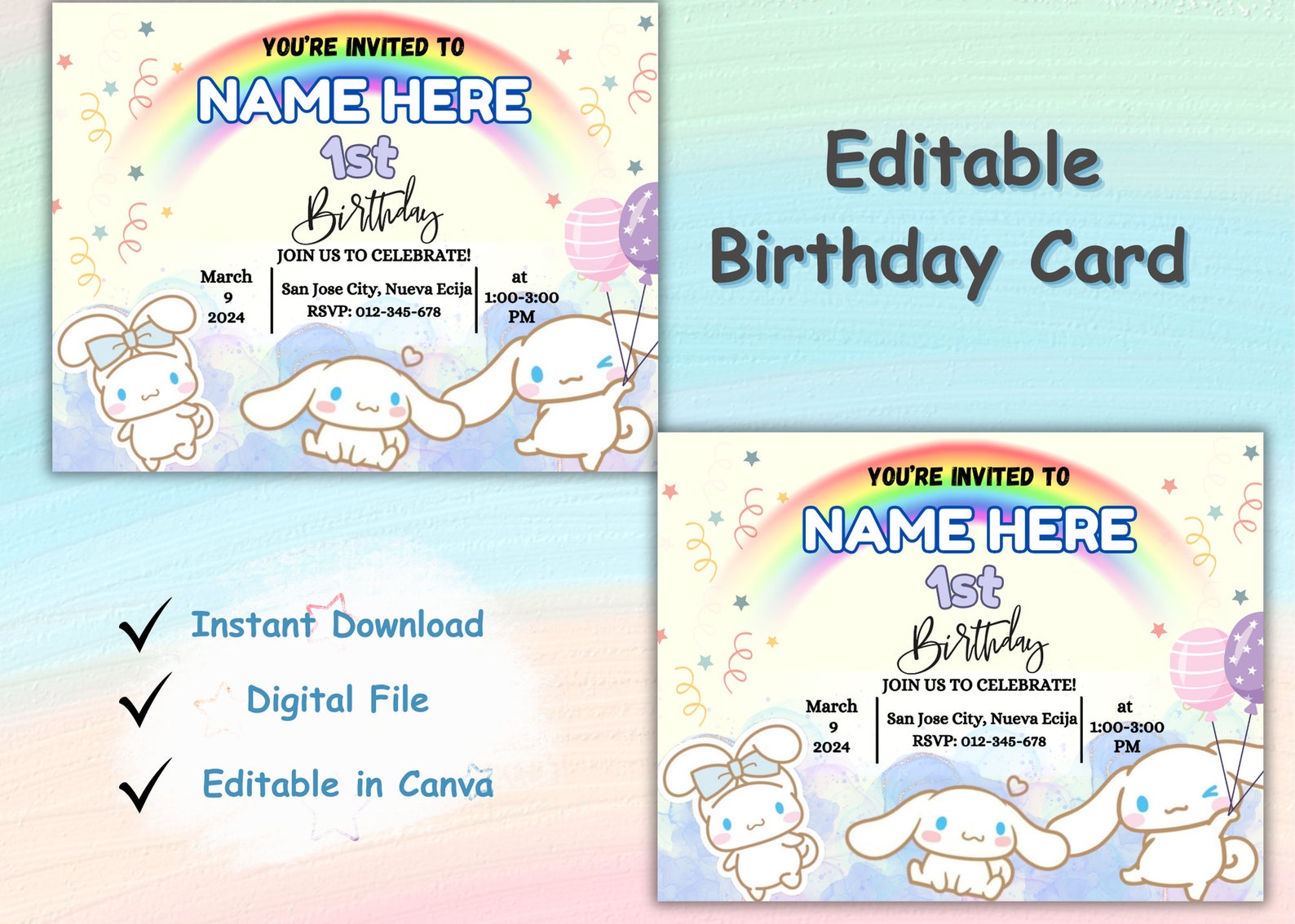 Kitty and Friends Party Invitation Kawaii Characters/ Cinnamon ...