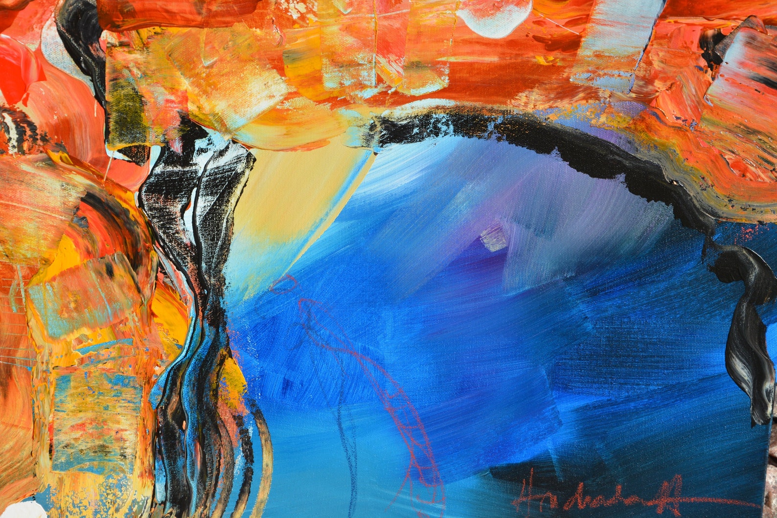 Large Bold Red Blue Acrylic Painting, Abstract Landscape, Red Purple ...