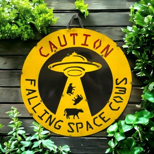 Vintage Metal Art Sign | Caution Falling Space Cows | Bar Signage ...