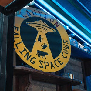 Vintage Metal Art Sign | Caution Falling Space Cows | Bar Signage ...