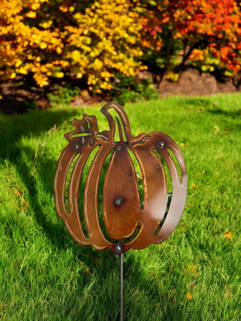 Rustic Metal Pumpkin Stake: Handmade Fall Garden Decor (10 Inches & 20 ...