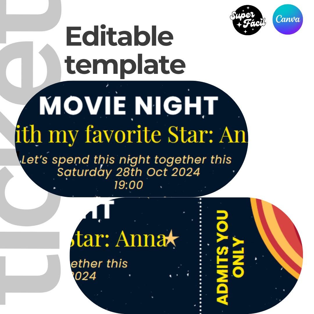 Editable Movie Night Ticket Template: Surprise Invitation (digital ...