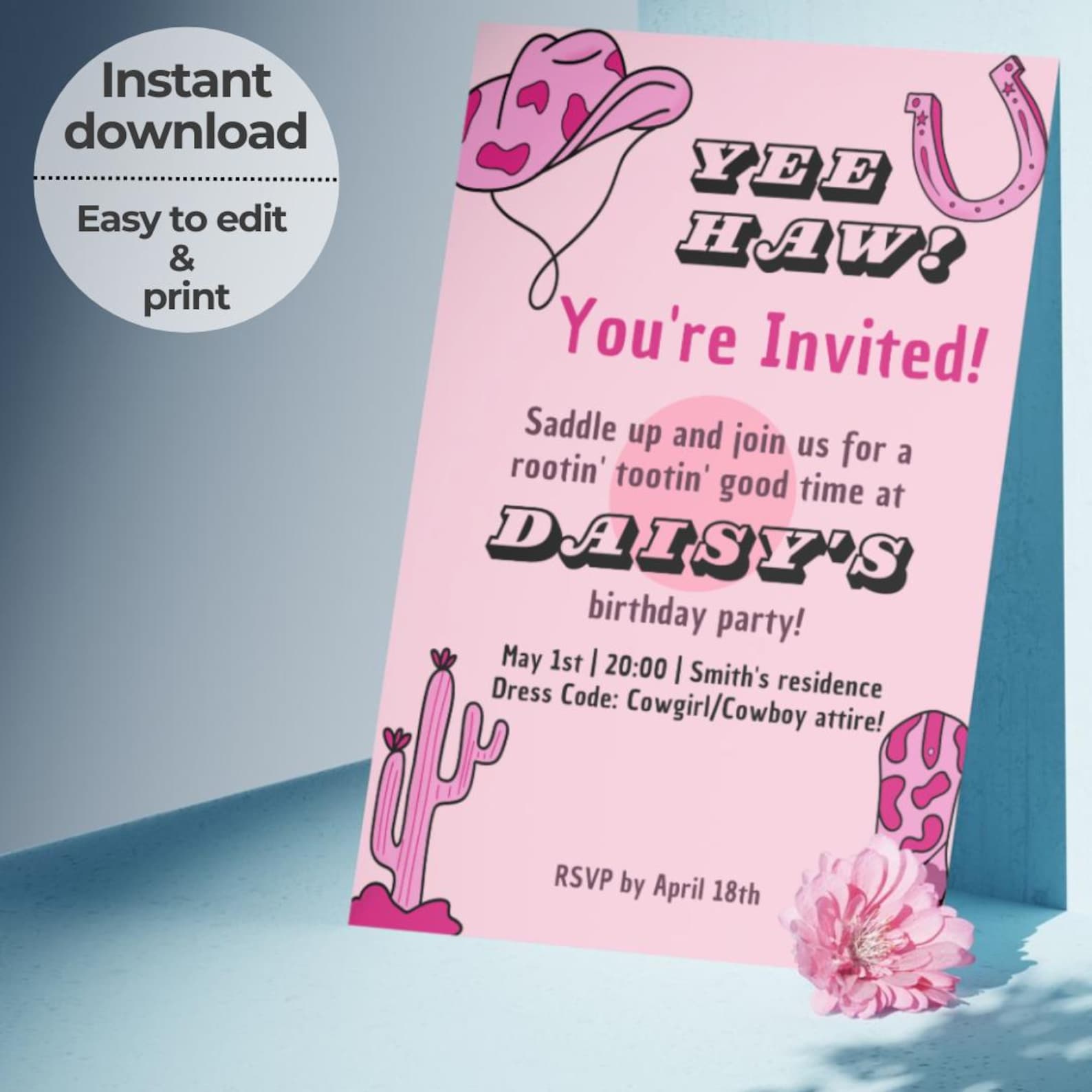 Pink Cowgirl Editable Canva Birthday Invite Template - Etsy