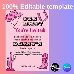 Pink Cowgirl Editable Canva Birthday Invite Template - Etsy