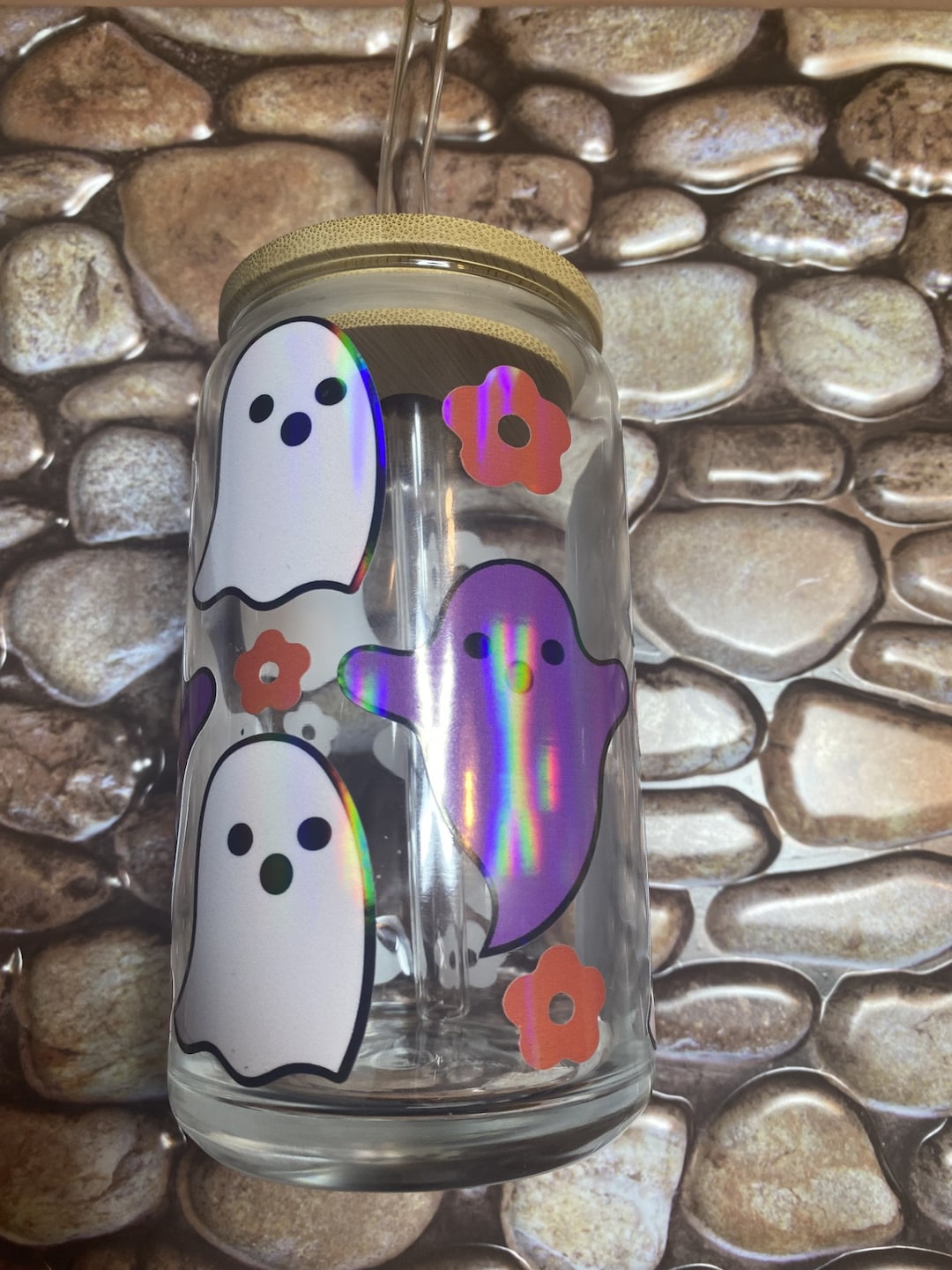 Ghost Iced Coffee Glass Libbey Cup Holographic Ghost Design Halloween ...