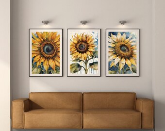 PRINTABLE Set of 3 Watercolor Sunflower Images, Botanical Flower Plant ...