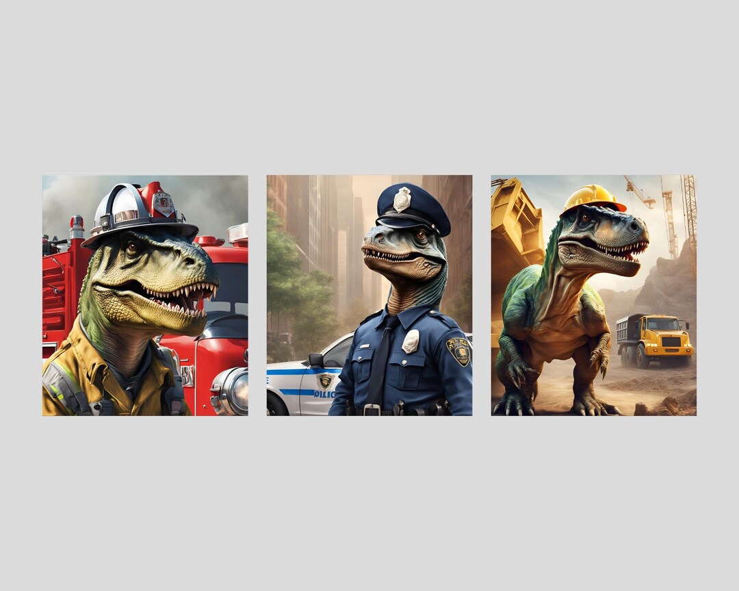 Dinosaur With Fire Truck, Police, and Construction Truck. Set of 3 in ...