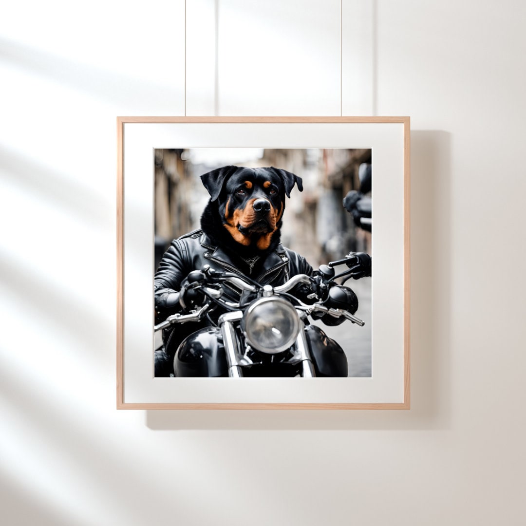 Rottweiler Dog Biker Dog in Leathers, Dog on Motorcycle, Dog Art, Funny ...