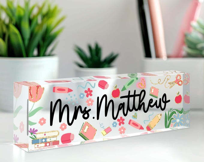 Personalized Teacher Desk Sign, Floral Acrylic Name Plate for Teacher ...