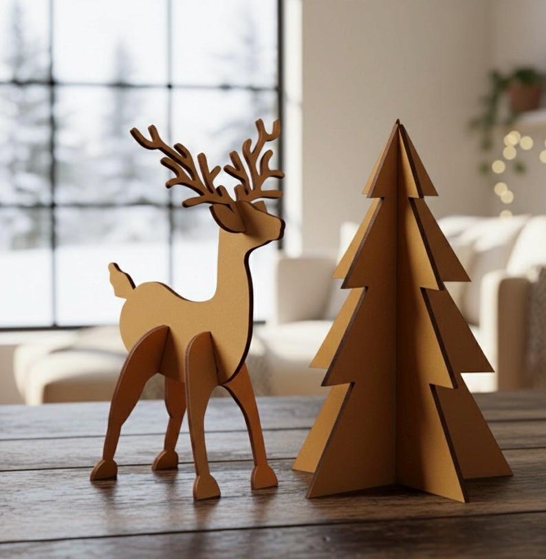 3D Christmas Reindeer & Tree Template: Laser Cut SVG, PDF (digital ...