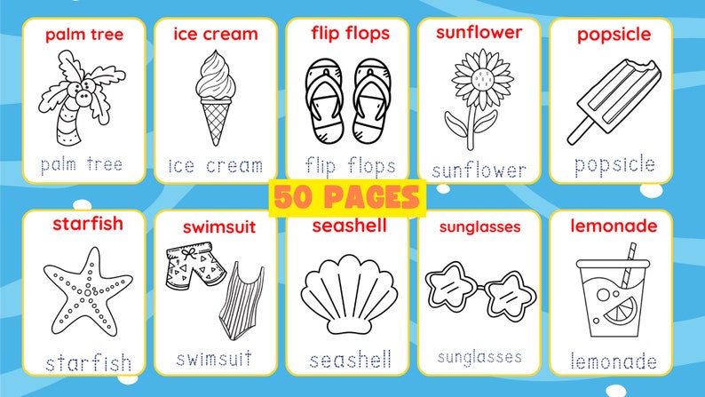 Fun in the Sun Summer Printable 50 Coloring Pages for Kids, Tracing ...
