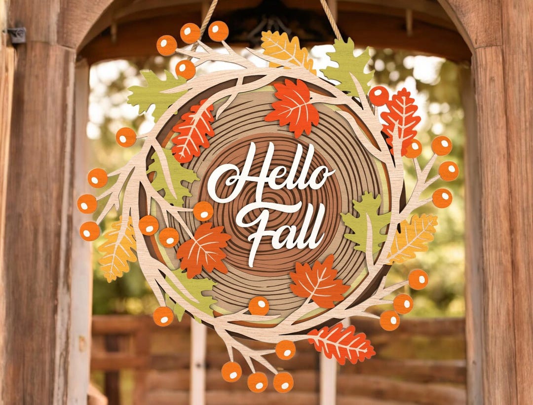 Fall Door Hanger Hello Fall Sign | Rustic Wreath Style Autumn Round ...