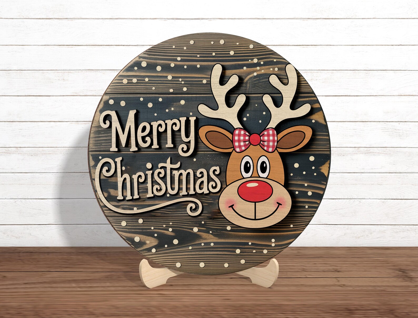 Funny Reindeer Christmas Door Sign – Cute Layered Wooden Round Sign ...