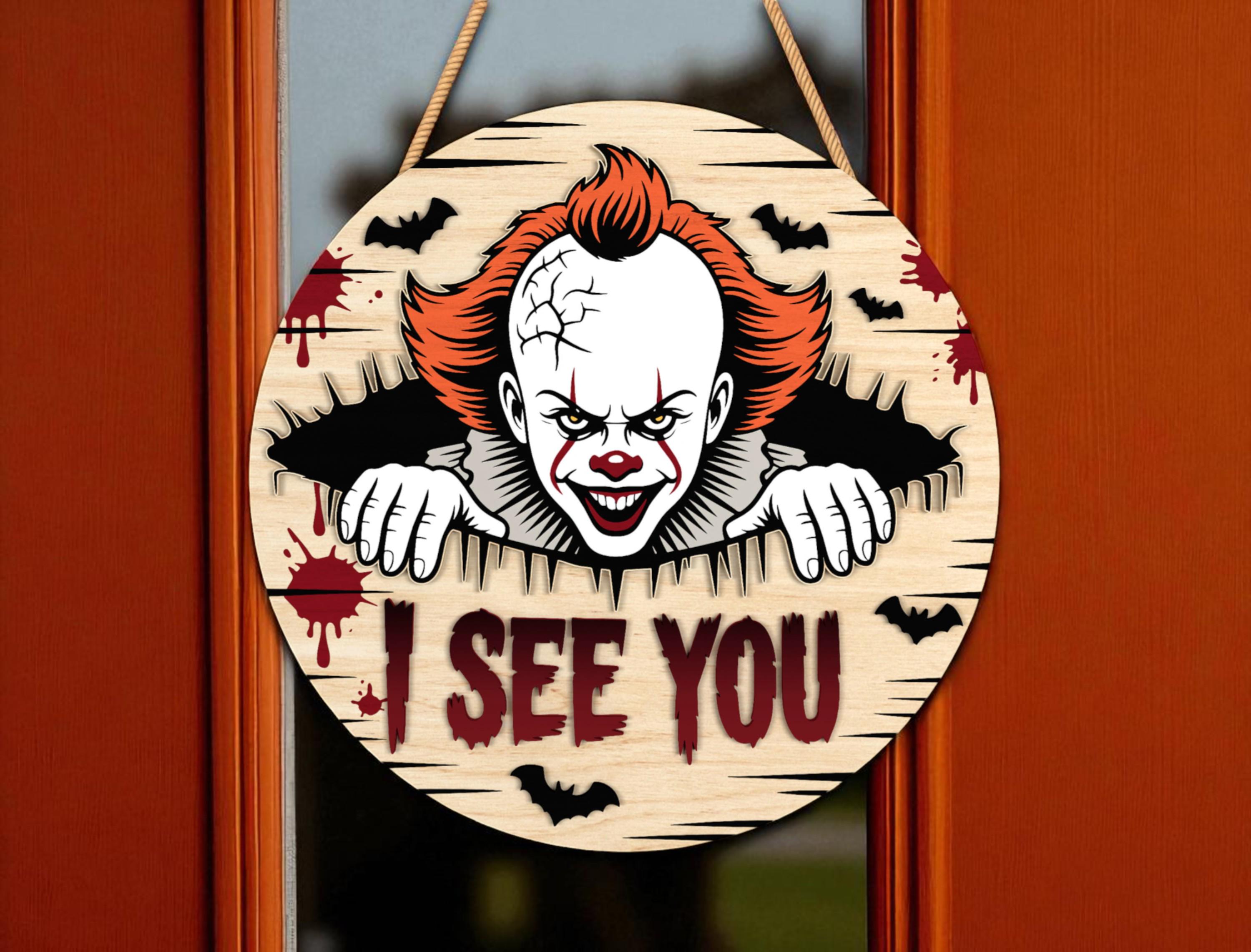Halloween Door Hanger | Creepy Clown “I See You” Sign | Scary Round ...