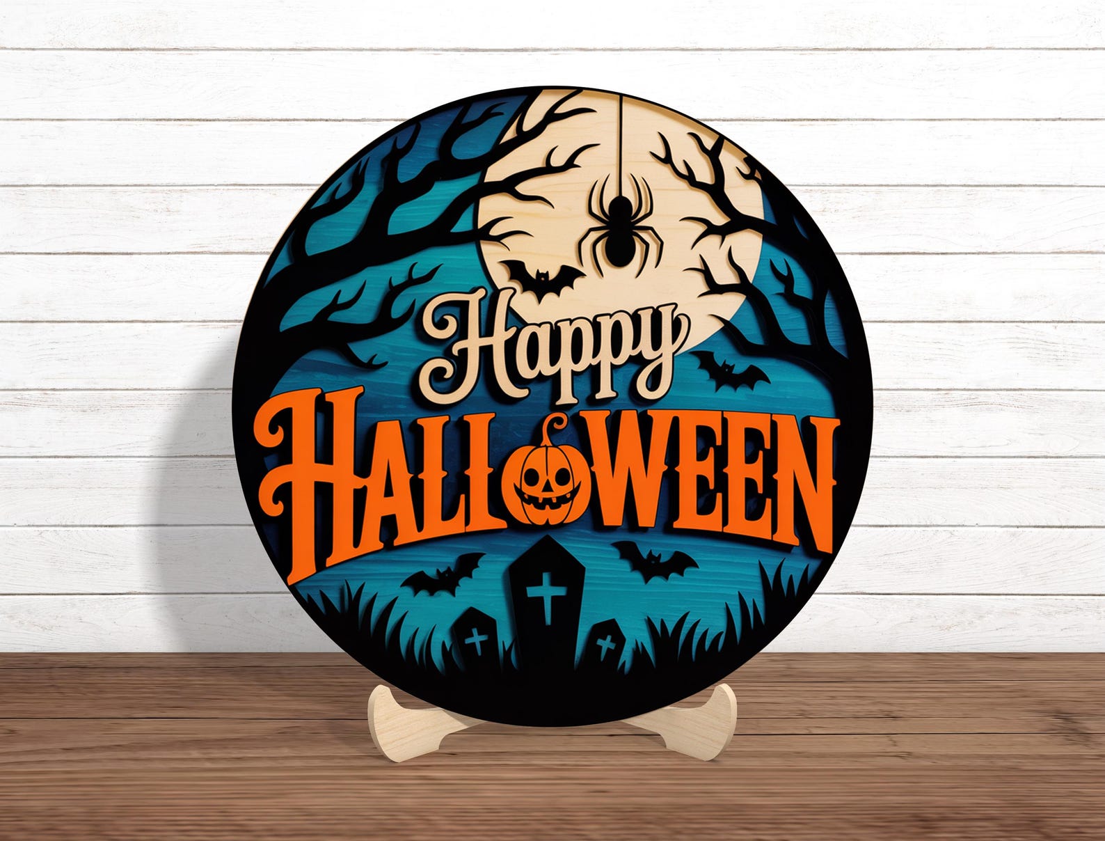 Happy Halloween Door Sign With Spider | Halloween Moon Night Wooden ...