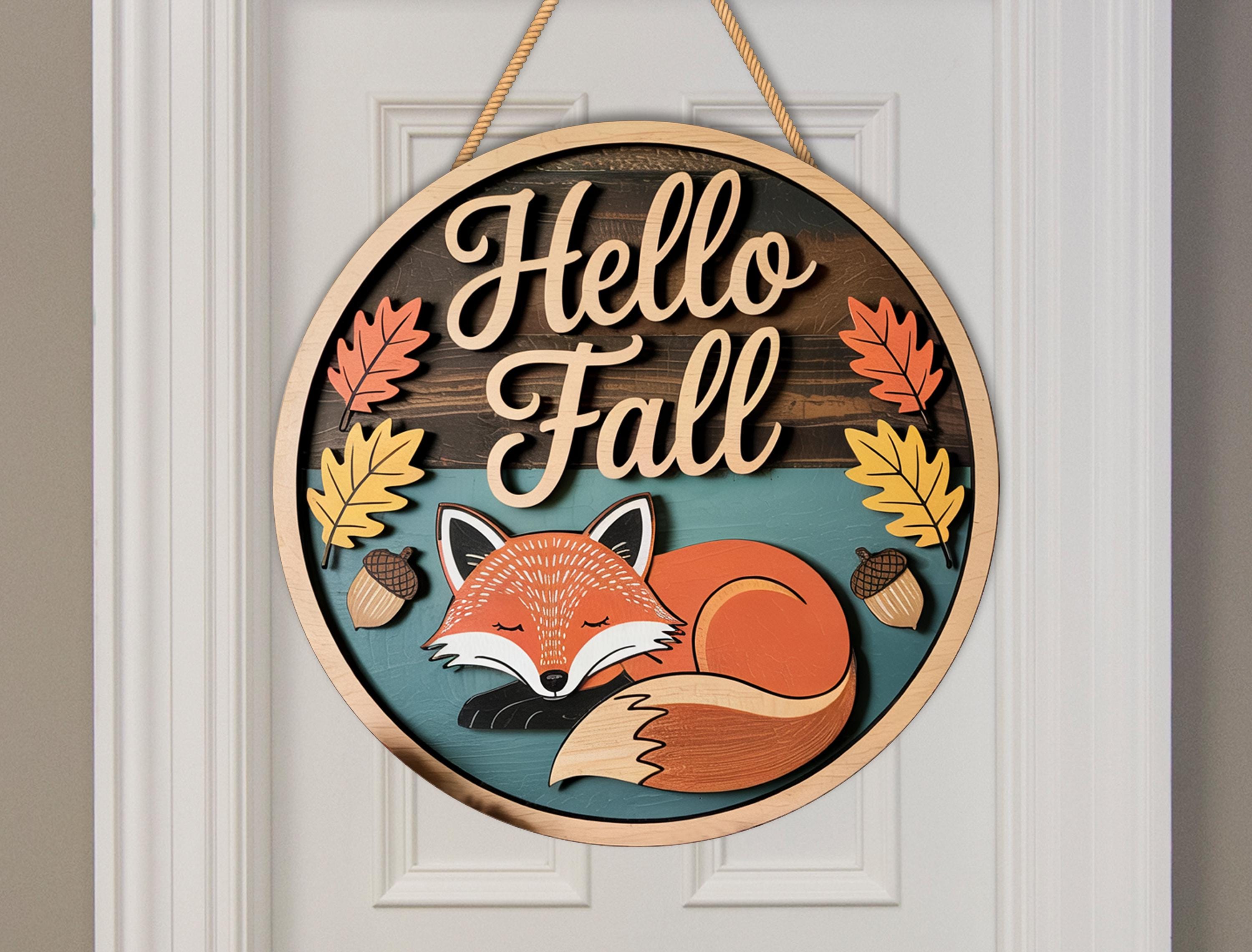 Cute Fox Hello Fall Door Hanger | Woodland Animal Autumn Sign | Rustic ...