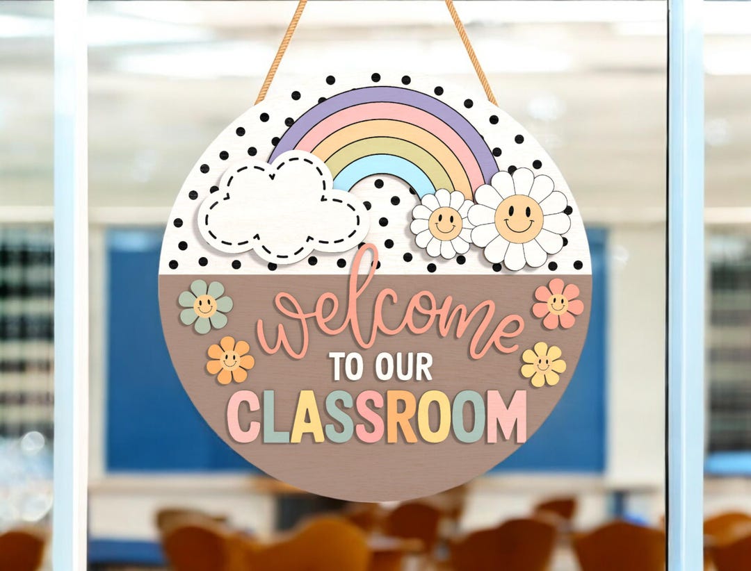 Welcome to Our Classroom Sign, Groovy Rainbow Door Hanger, Smiley ...