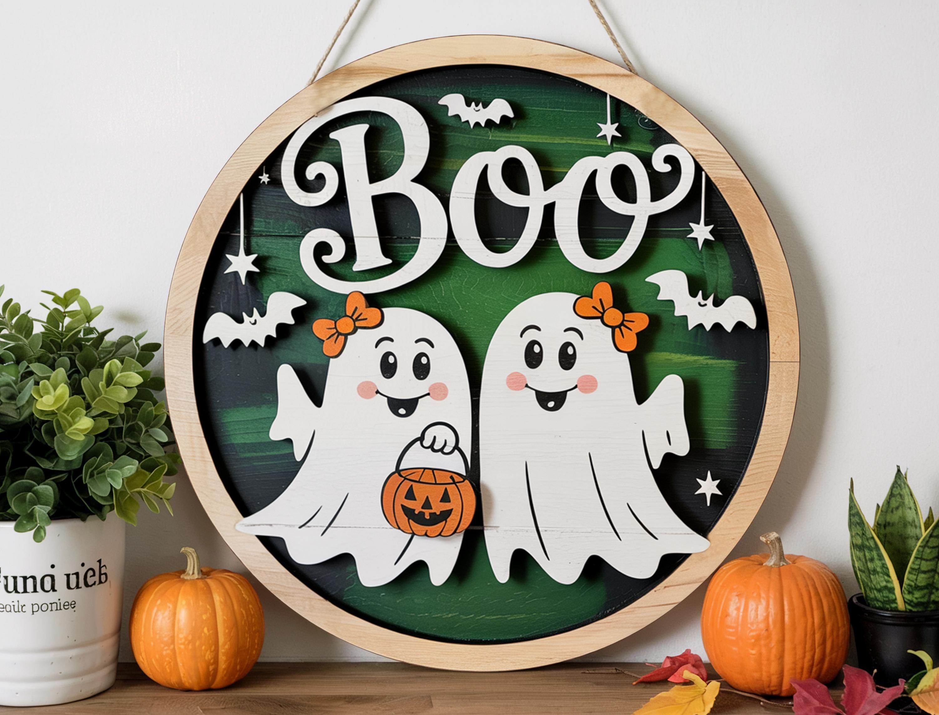 BOO Ghost Door Sign – Cute Halloween Wooden Wall Decor – Round Ghost ...