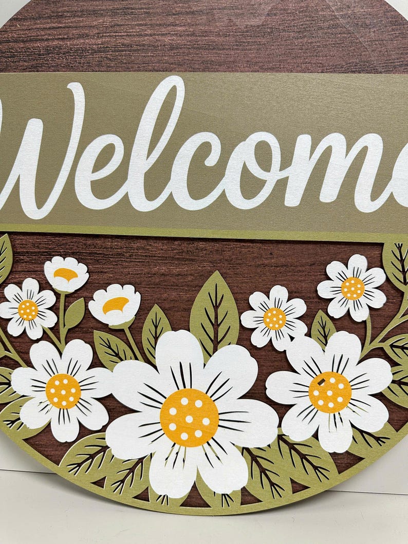 Daisy Welcome Sign | Round Wooden Door Hanger | Floral Porch Decor ...