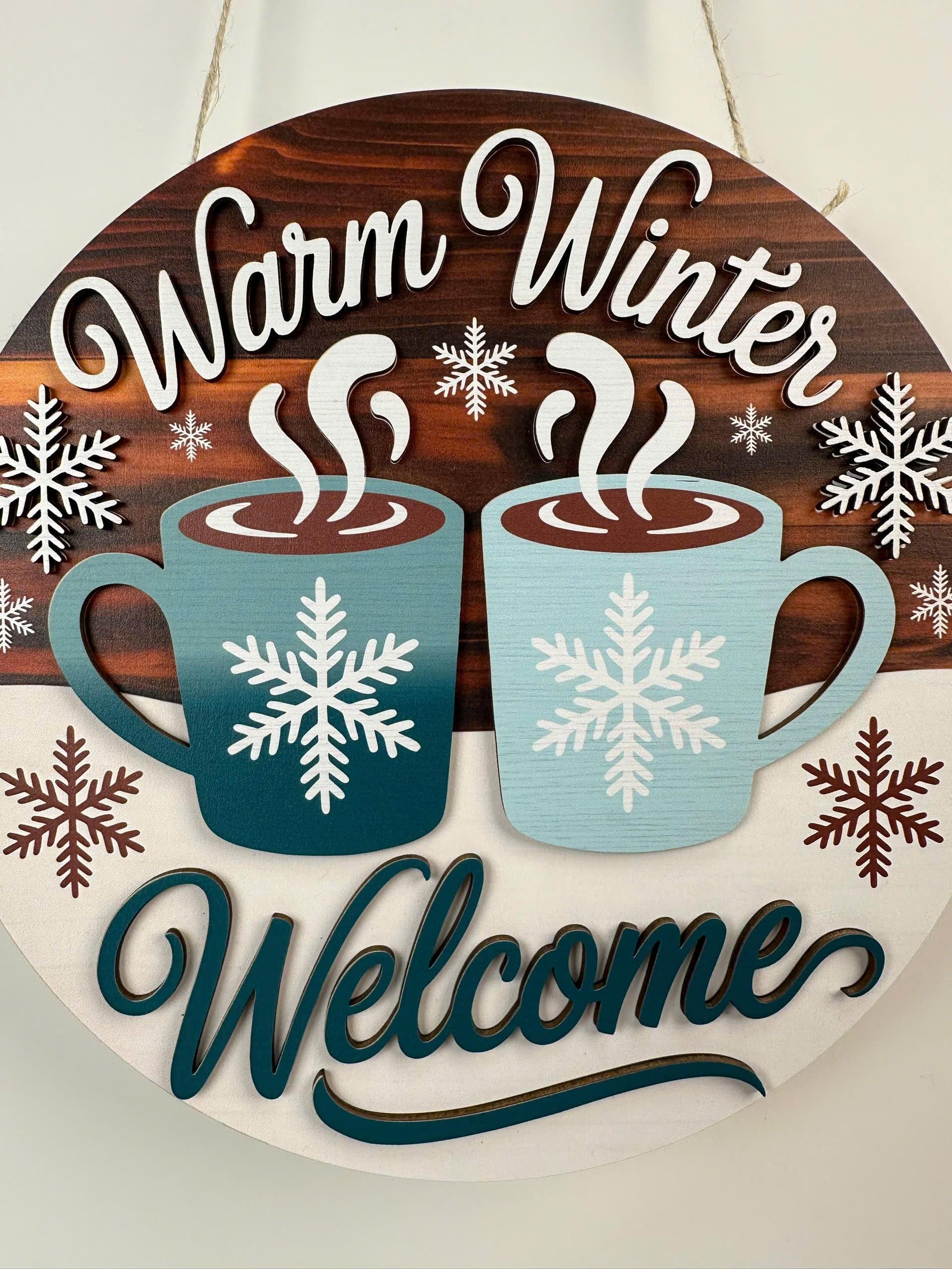 Warm Winter Welcome Sign – Round Cocoa Mug Wooden Door Hanger – Winter ...