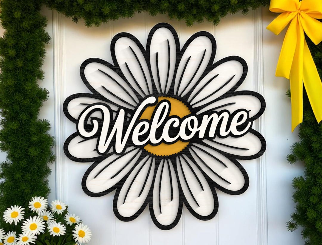 Daisy Flower Welcome Sign | Wooden Door Hanger | Summer Garden Entryway ...