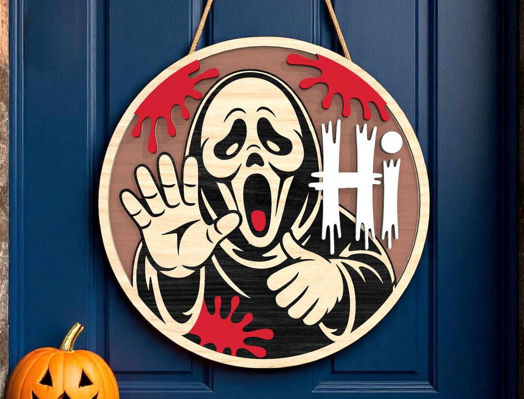 Halloween Door Hanger Ghost Mask Hi Sign | Scary Cartoon Horror Welcome ...