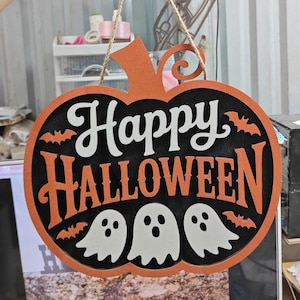 Happy Halloween Ghost Door Sign | Spooky Pumpkin Shaped Halloween Decor ...
