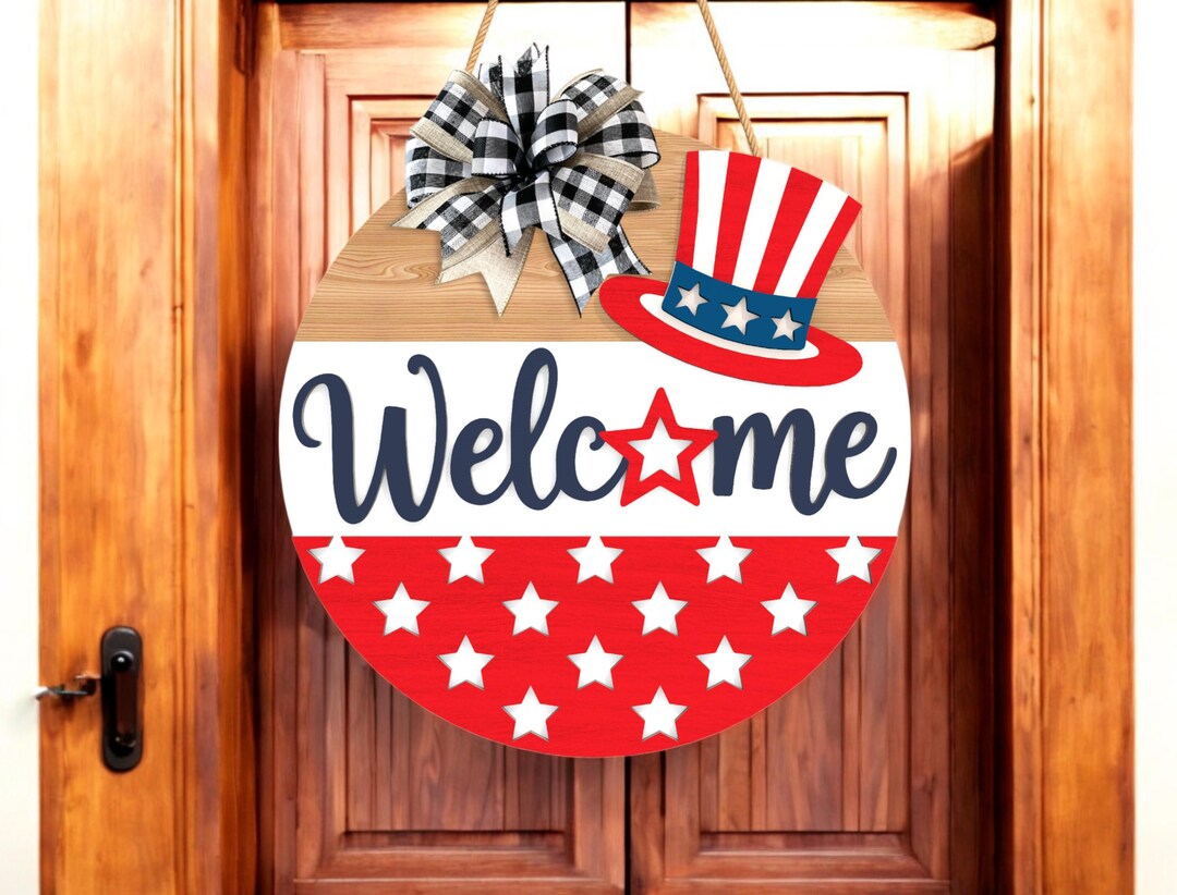 Patriotic Wood Welcome American Flag Door Hanger, Red White Blue Door ...