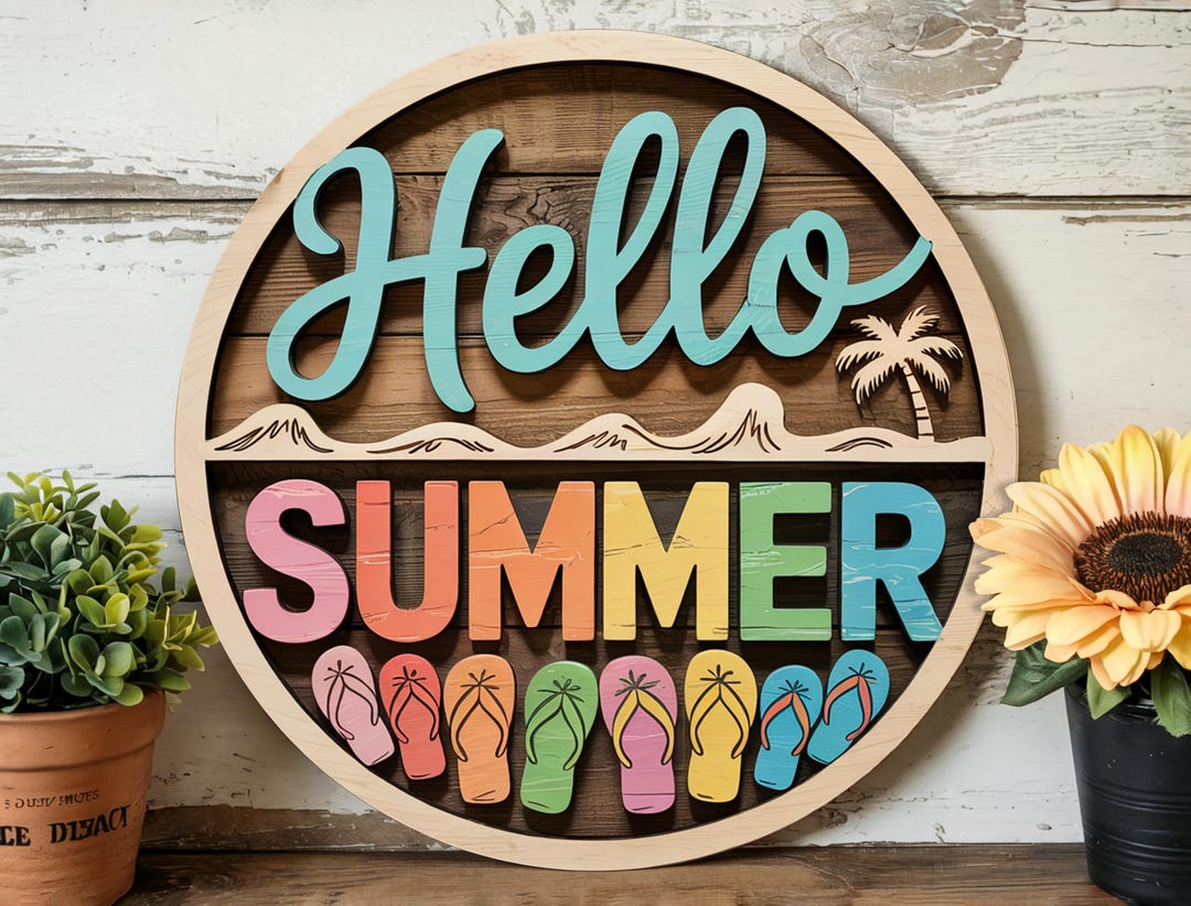 Hello Summer Door Sign – Colorful Flip Flop Beach Sign – Layered Wood ...