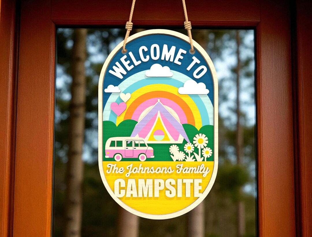 Personalized Campsite Door Sign | Rainbow Tent & Pink Camper Van ...