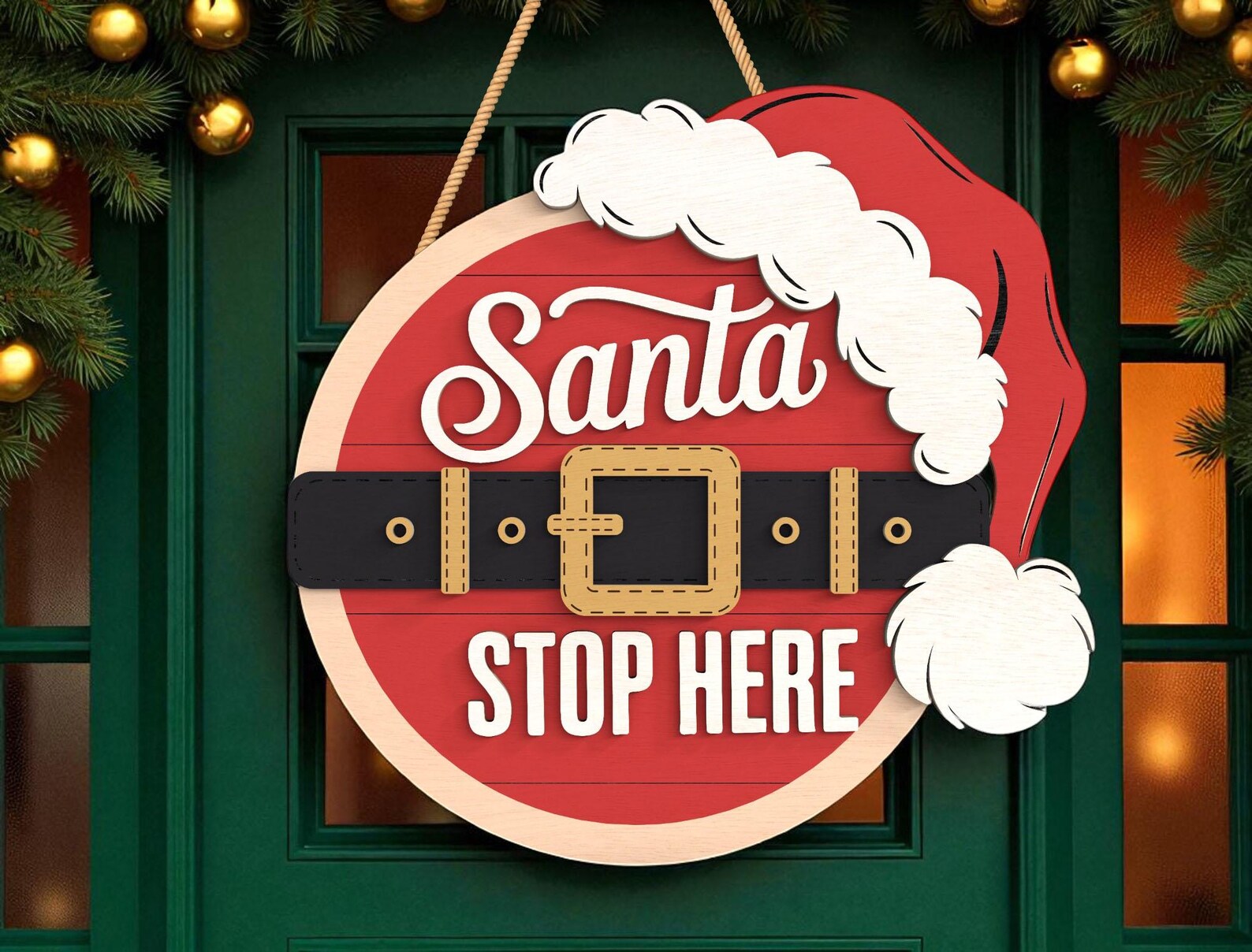 Christmas Door Hanger | Santa Stop Here Sign With Belt & Hat | Wooden ...