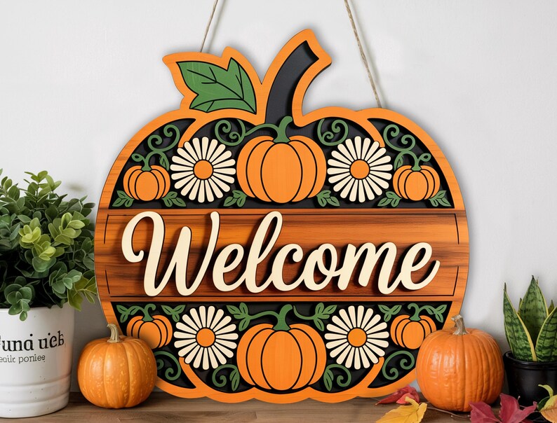 Pumpkin Welcome Sign | Orange Pumpkin Door Hanger | Fall Floral Porch ...