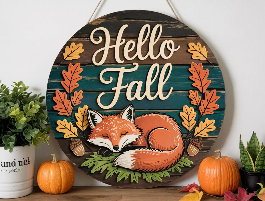 Woodland Fox Hello Fall Door Hanger | Rustic Autumn Animal Porch Sign ...