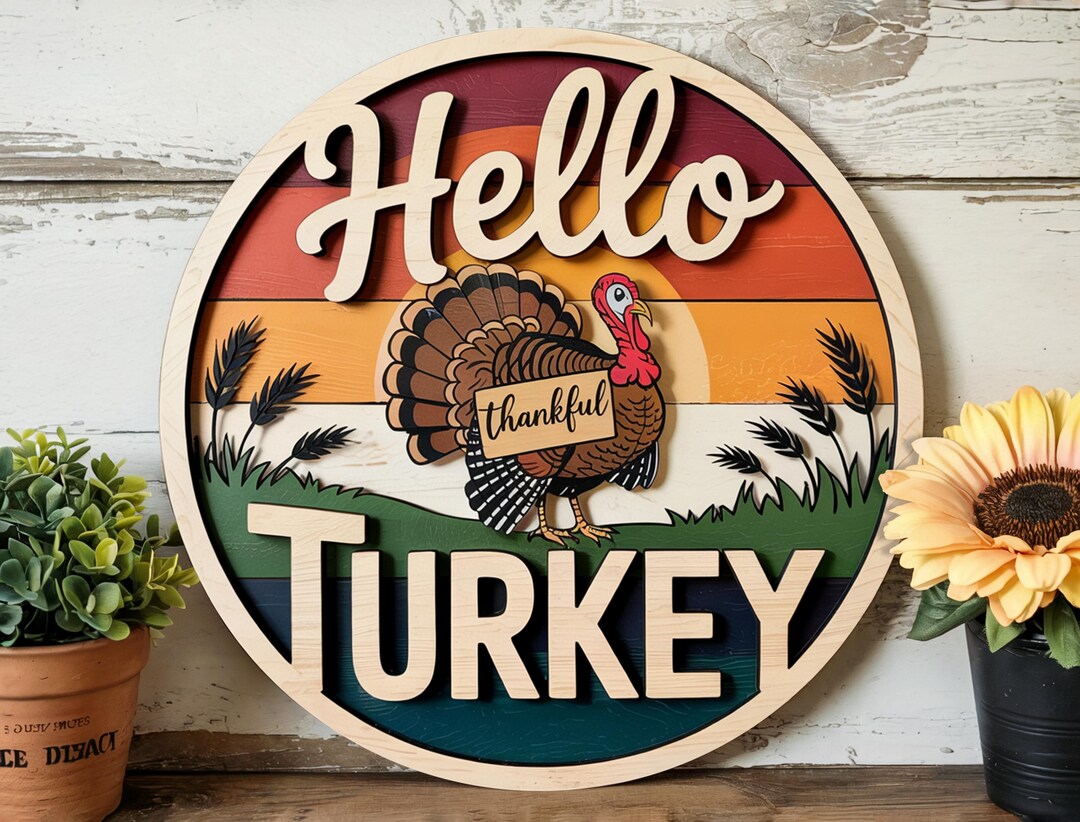 Hello Turkey Door Sign – Thankful Thanksgiving Wooden Round Sign – Fall ...