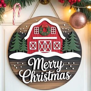 Rustic Red Barn Christmas Round Door Sign | Farmhouse Snowy Tree ...