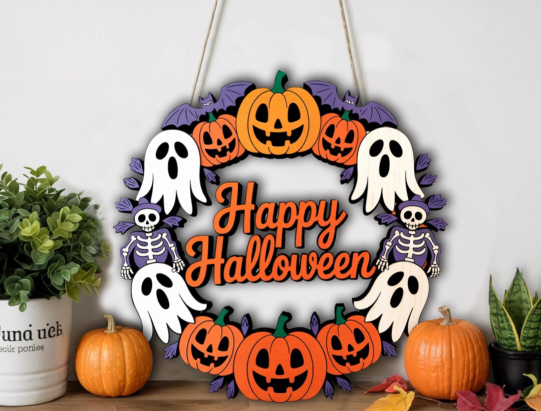 Happy Halloween Door Sign – Cute Skeleton, Ghost & Pumpkin Wreath ...