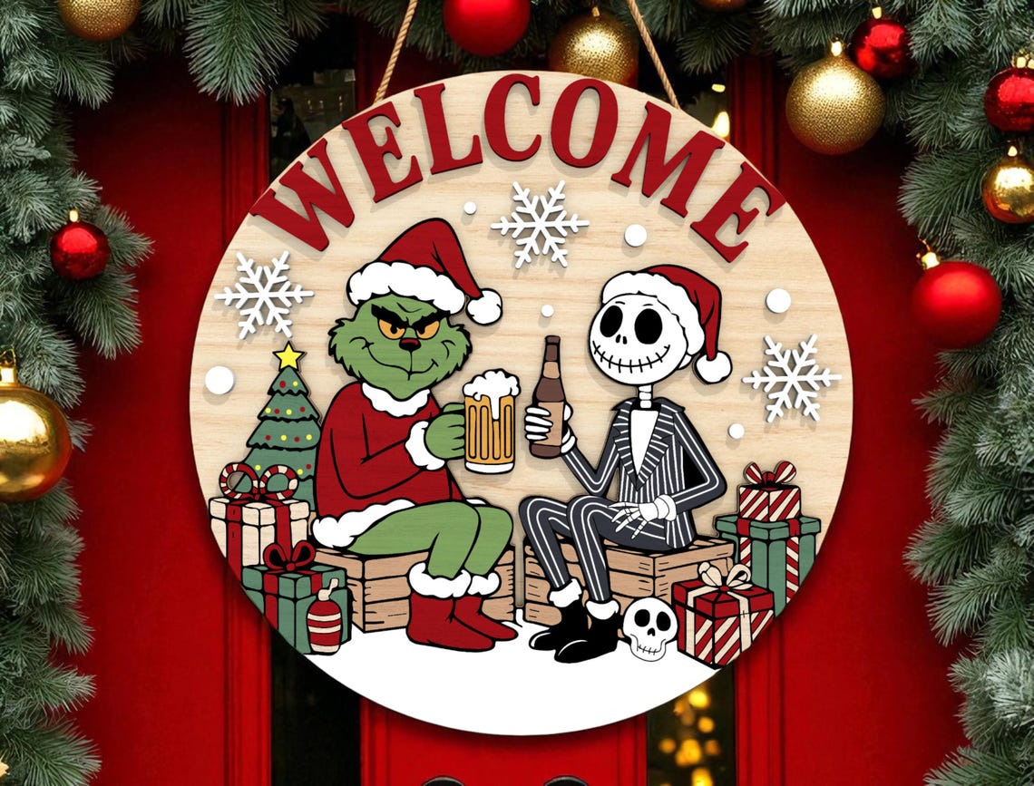 Funny Christmas Door Hanger: Grumpy Green Character & Skeleton Welcome ...