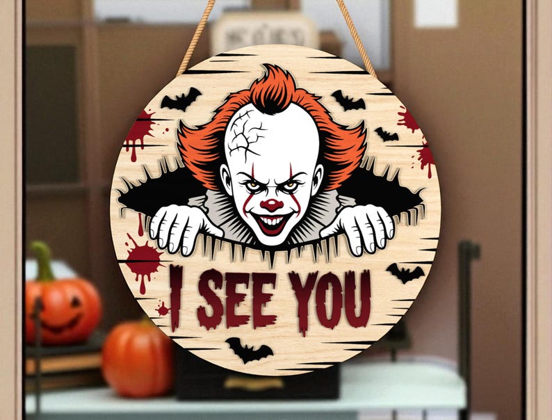 Halloween Door Hanger | Creepy Clown “I See You” Sign | Scary Round ...