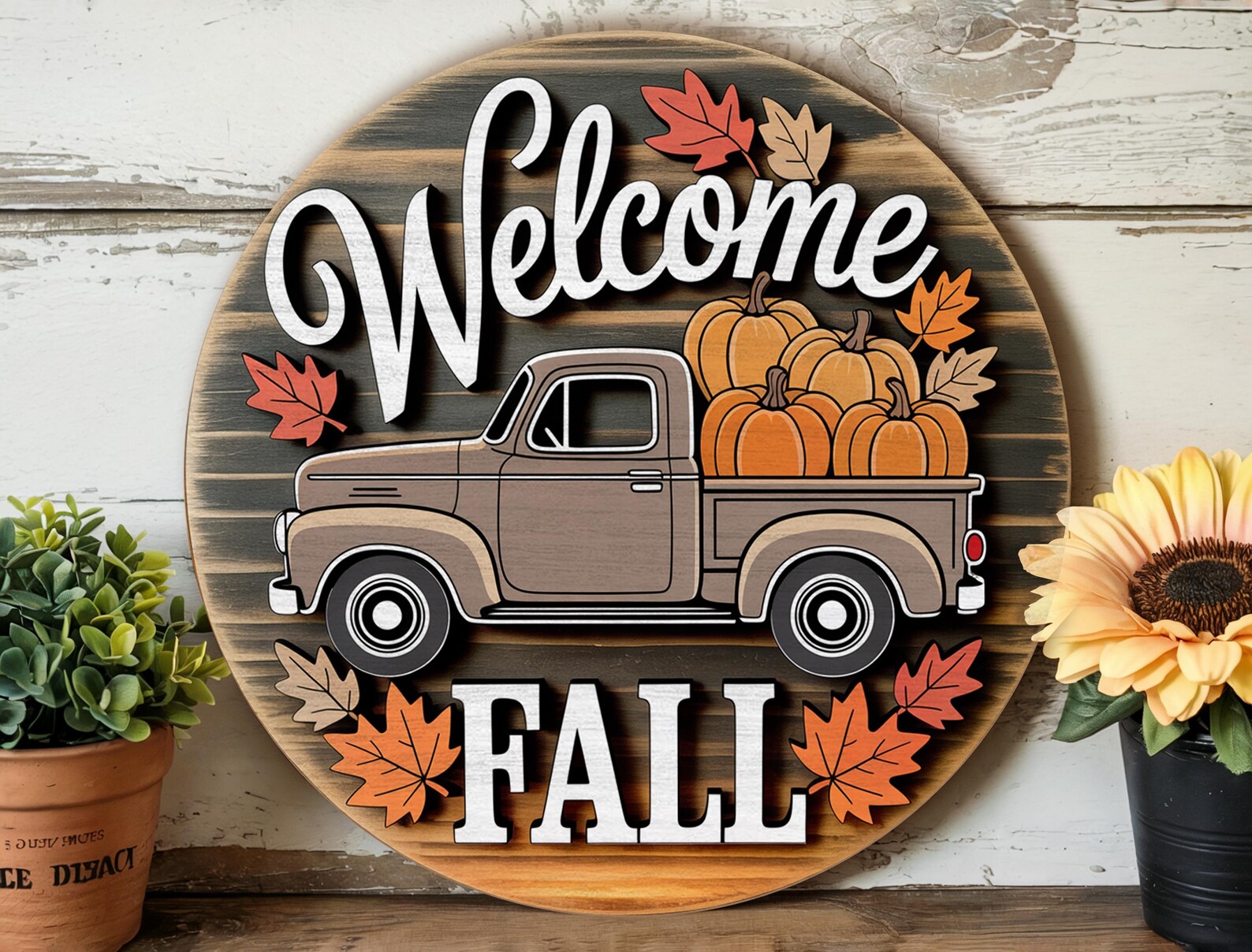 Welcome Fall Wood Sign With Vintage Truck and Pumpkins | Fall Door ...