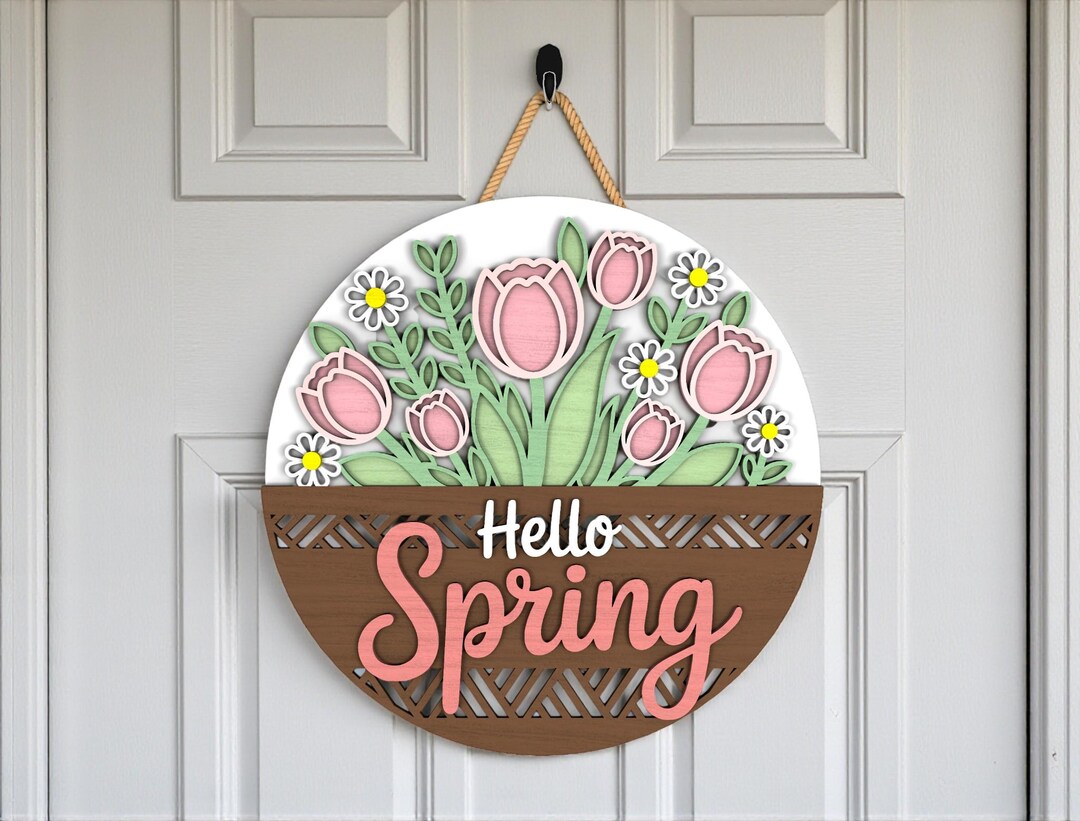 Hello Spring Door Hanger | Pink Tulip Wooden Sign | Floral Front Door ...